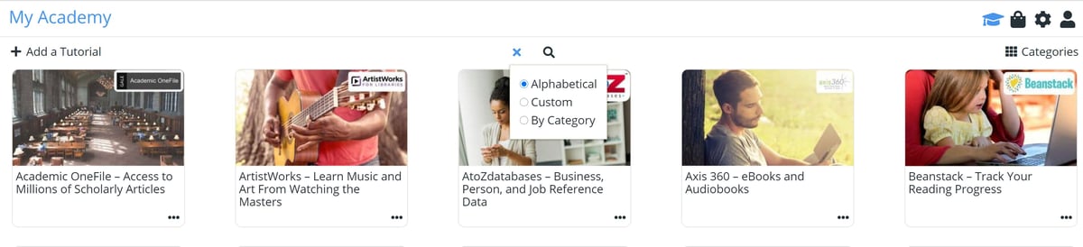 How do I sort the tutorials in my academy by category?