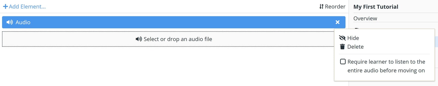 How do I add an audio file to a tutorial?
